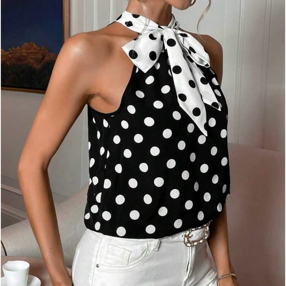Tops | Classic Polka Dot Print Halter Top Blouse Shirt Black White ...